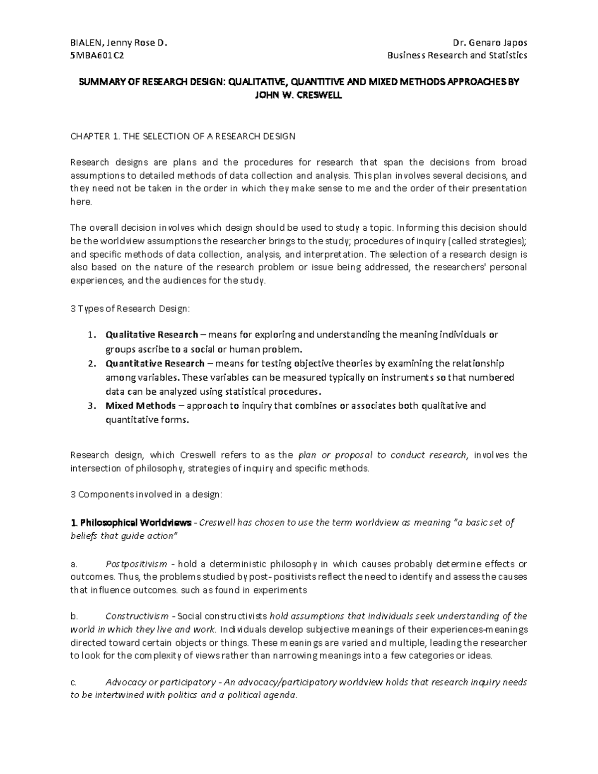 John W. Creswell's Research Design Notes - BIALEN, Jenny Rose D. Dr ...