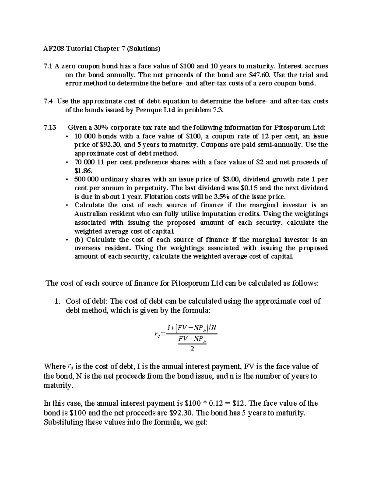 AF208 Chapter 7 - notes - AF208 Tutorial Chapter 7 (Solutions) 7 A zero ...
