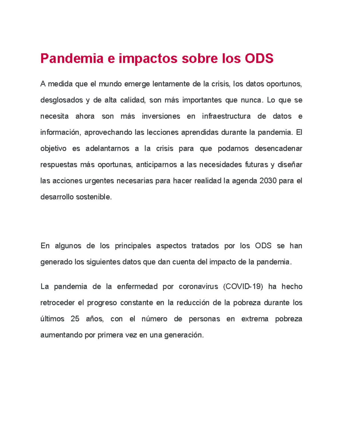 Resumen modulo 4 lectura 2 - Pandemia e impactos sobre los ODS A medida que el mundo emerge ...