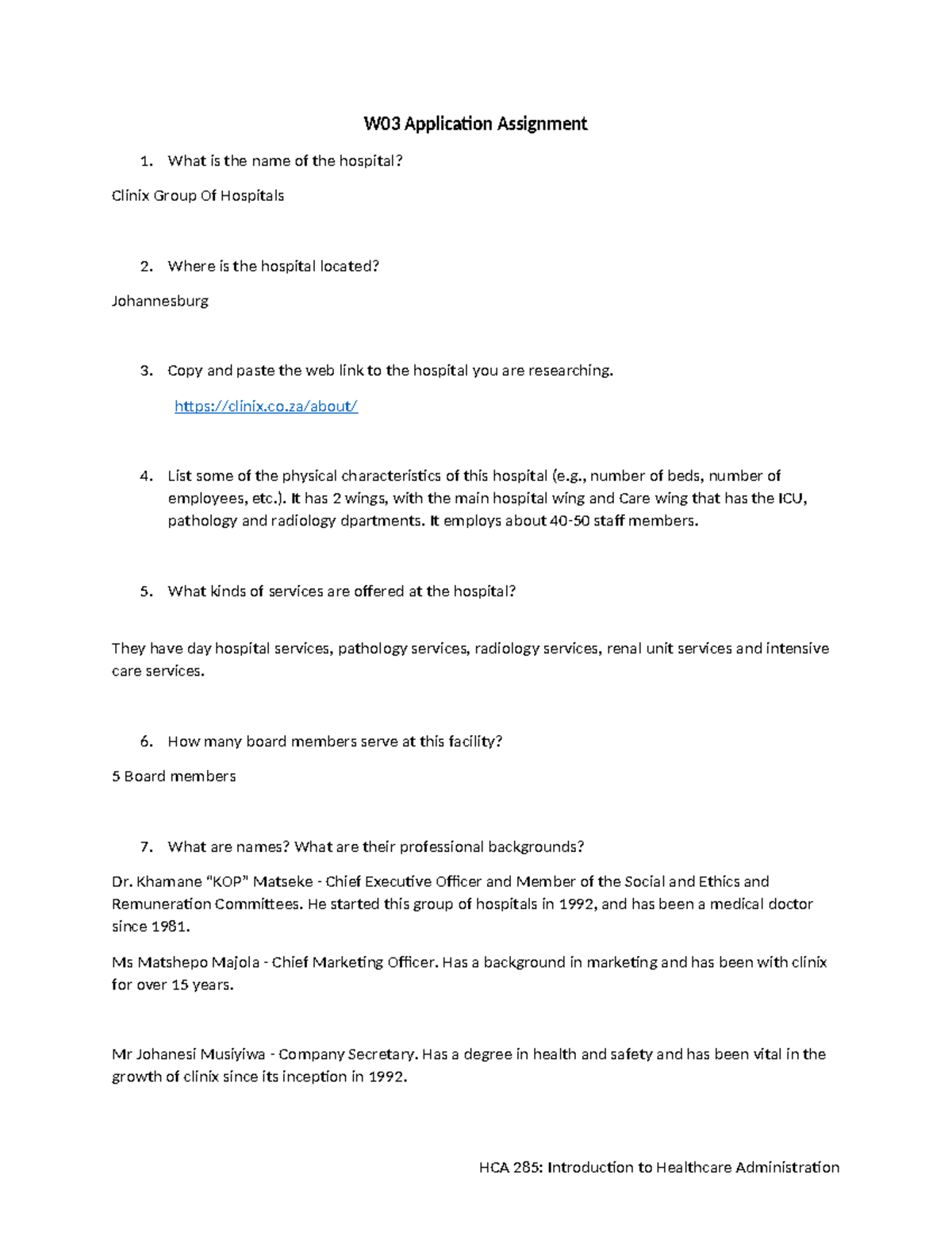 Hca285 document w03Application Assignment Samuel Musandirire - W03 Application Assignment 1 ...