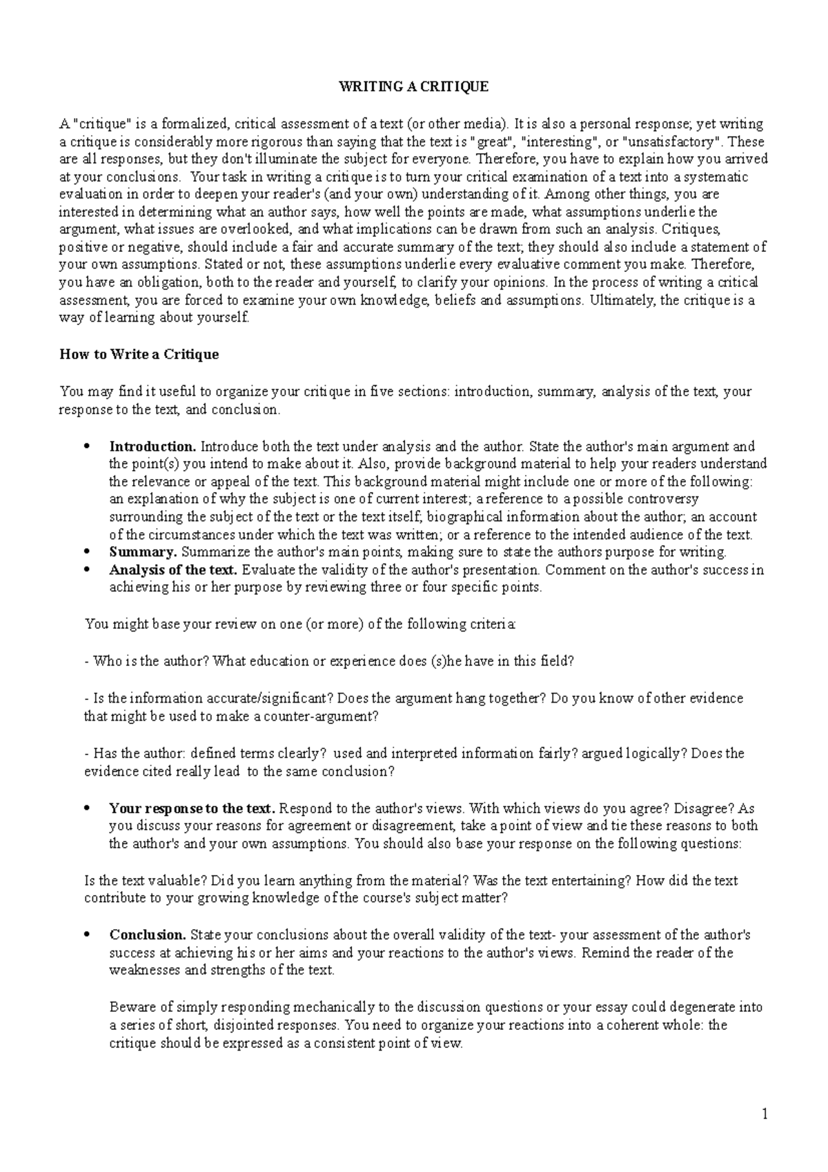 How to write a critique - WRITING A CRITIQUE A "critique" is a ...