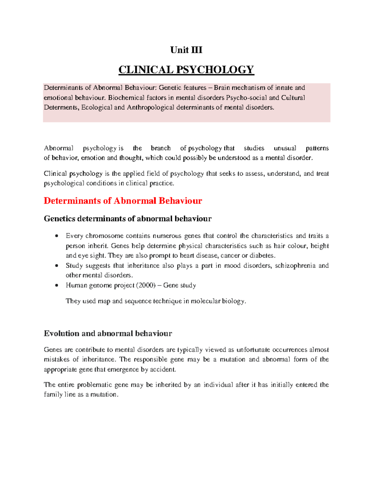 Unit -3 Clinical Psychology - Unit III CLINICAL PSYCHOLOGY Determinants ...