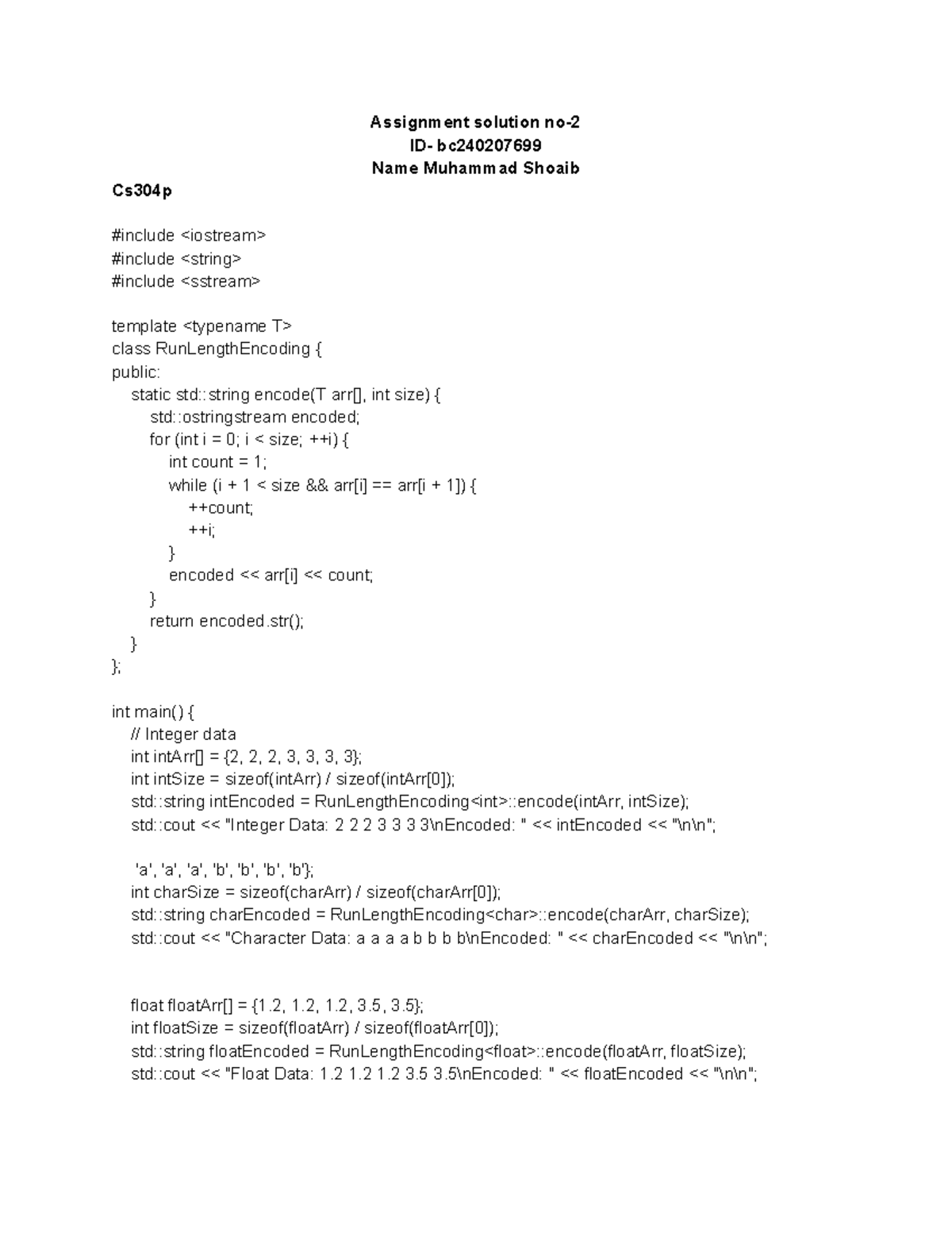 Cs304p Assignment Solution No Id Bc Name Muhammad Shoaib Cs304p