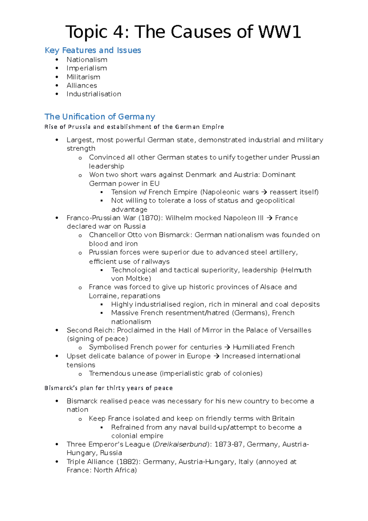 4 - The Causes of WW1 - Some notes with historiography - Key Features ...