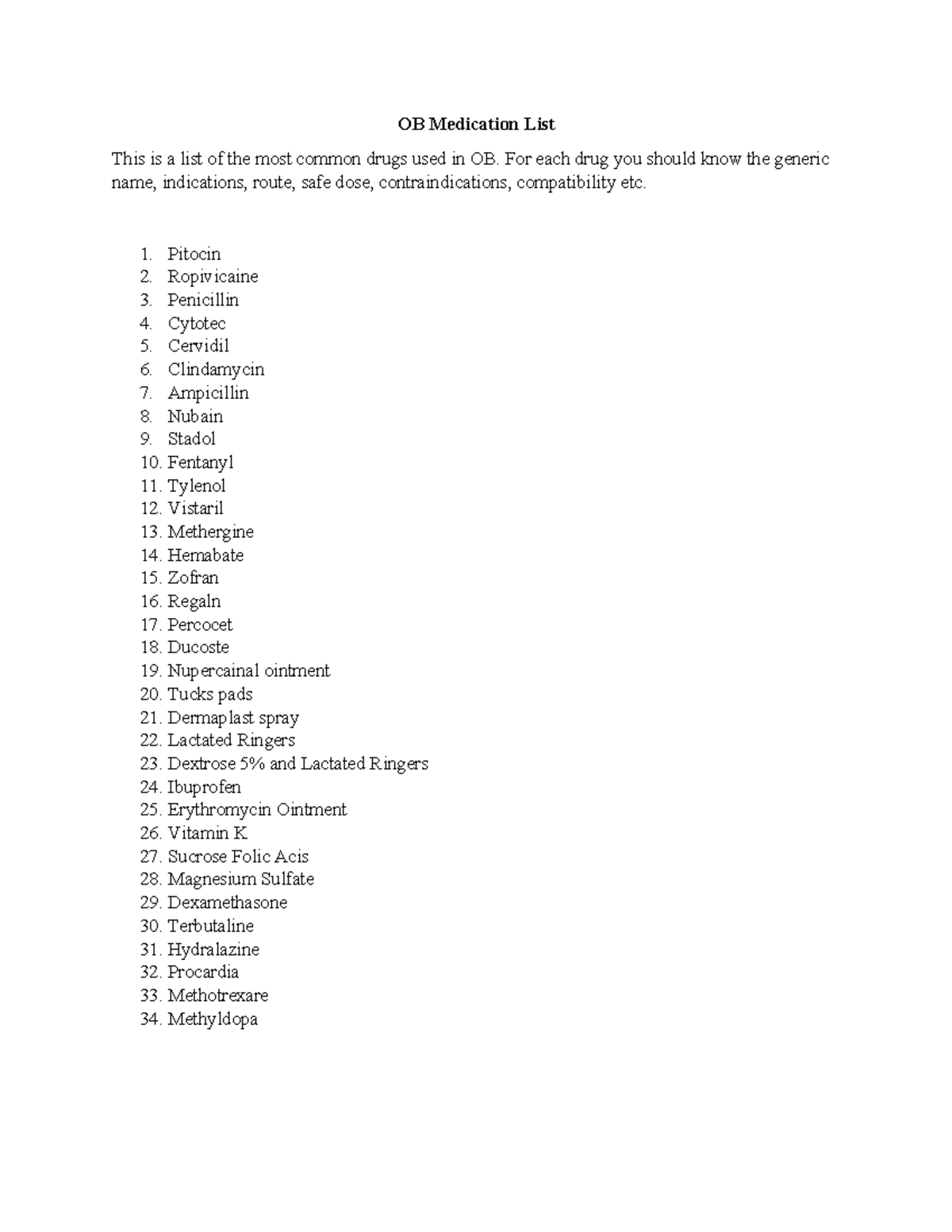 Summer 2019 OB Medication - OB Medication List This is a list of the ...