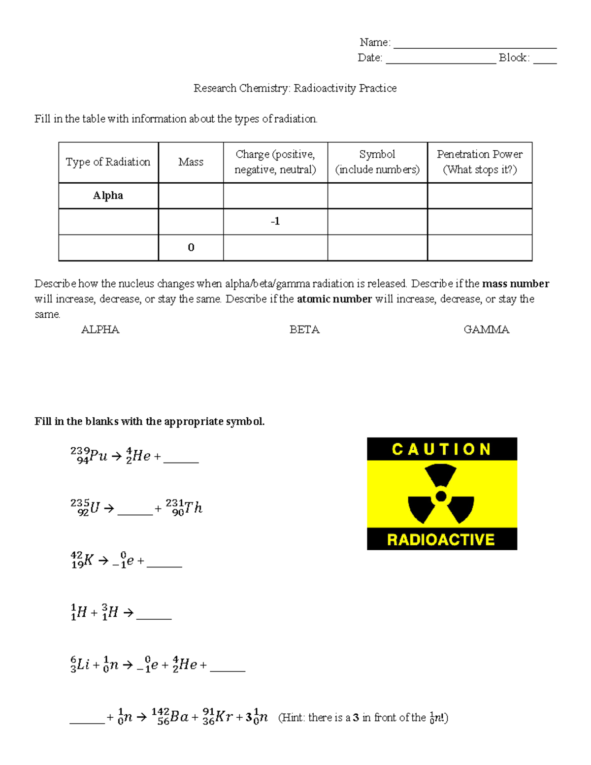 R Radioactivity Practice 23-24 - Name ...