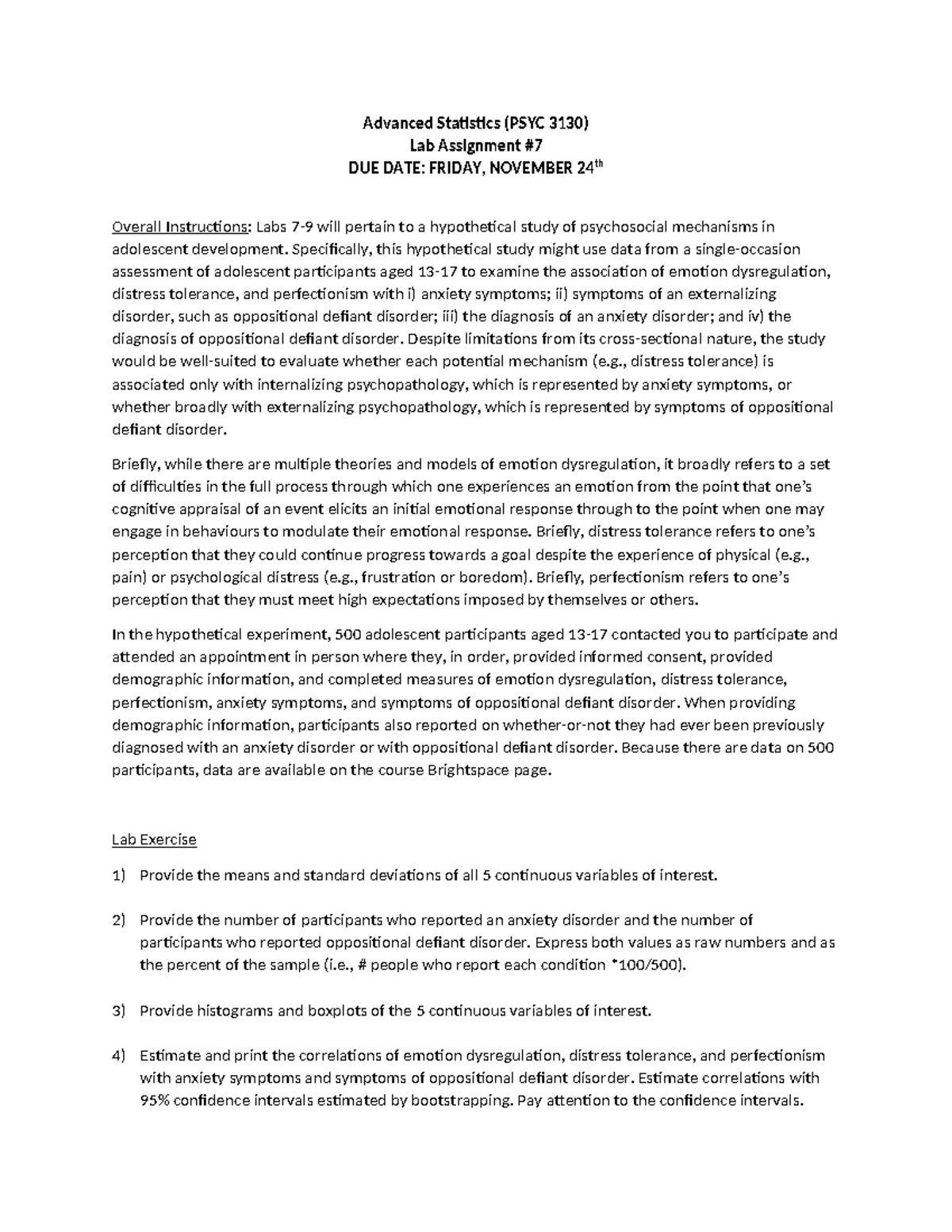 Lab Assignment 7 - Advanced Statistics (PSYC 3130) Lab Assignment # DUE DATE: FRIDAY, NOVEMBER ...