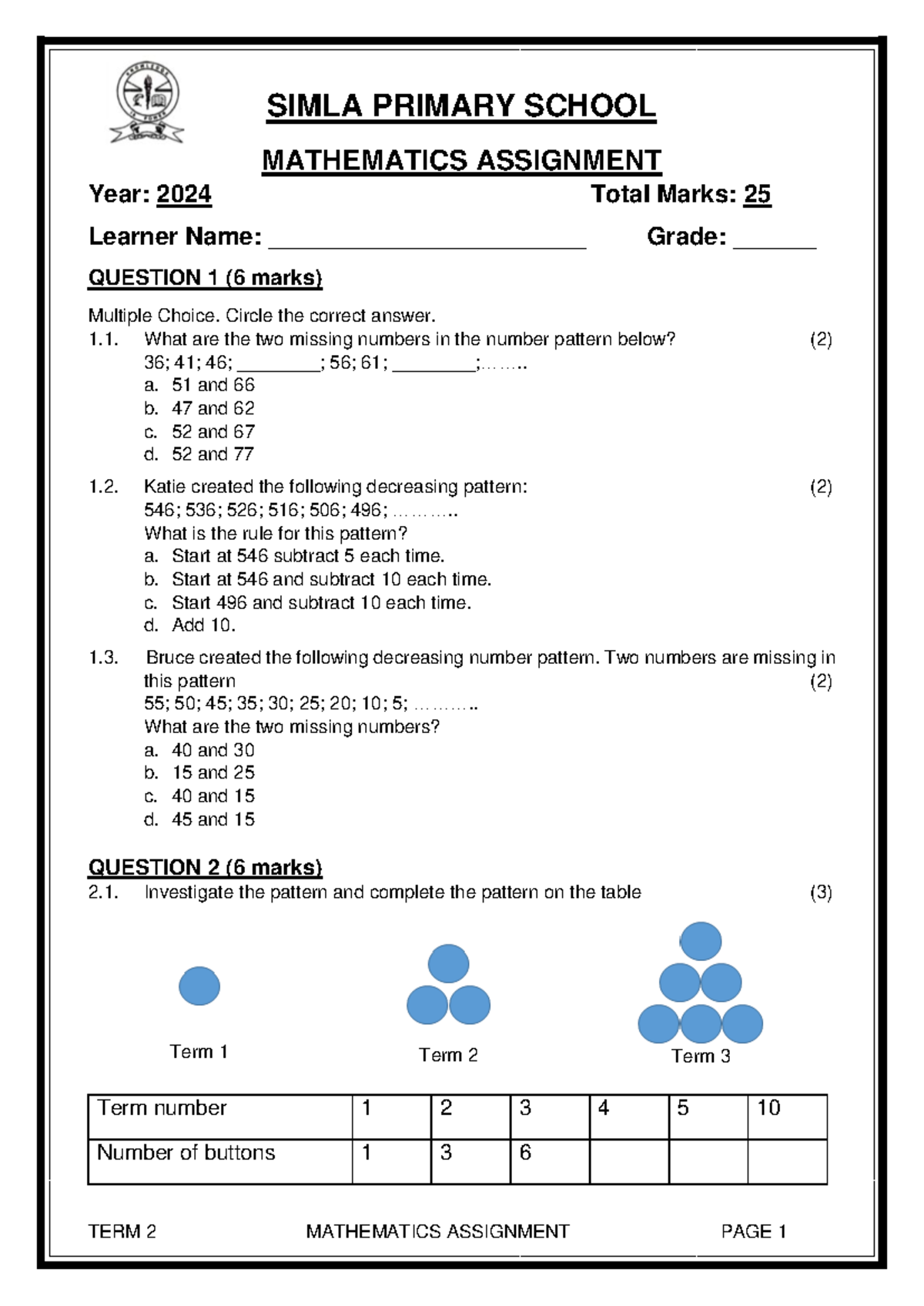 MATH Assignment TERM 2 - TERM 2 MATHEMATICS ASSIGNMENT PAGE 1 Term 1 ...