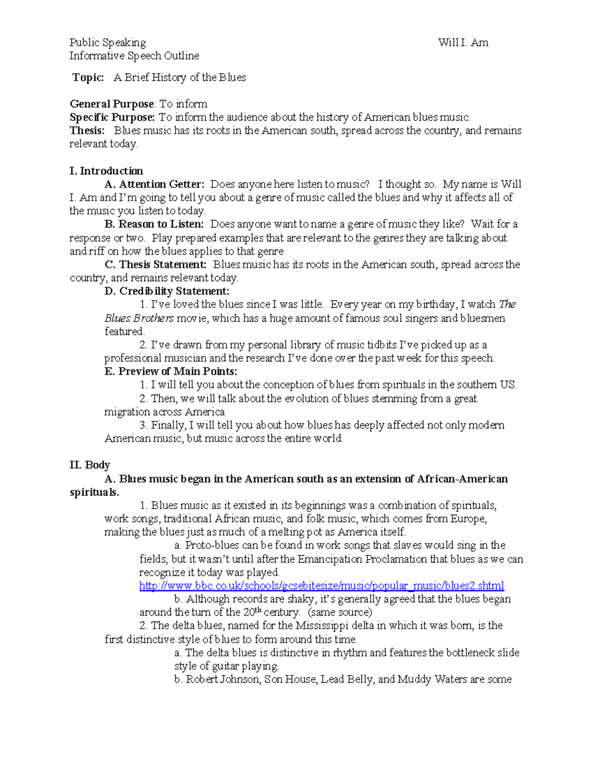 Informative Speech Outline - Good Example - Public Speaking Will I. Am ...