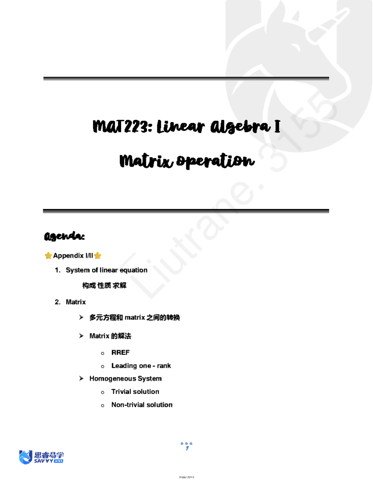 MAT223 - Matrix operation - ####### 1 Agenda: Appendix I/II 1. System ...