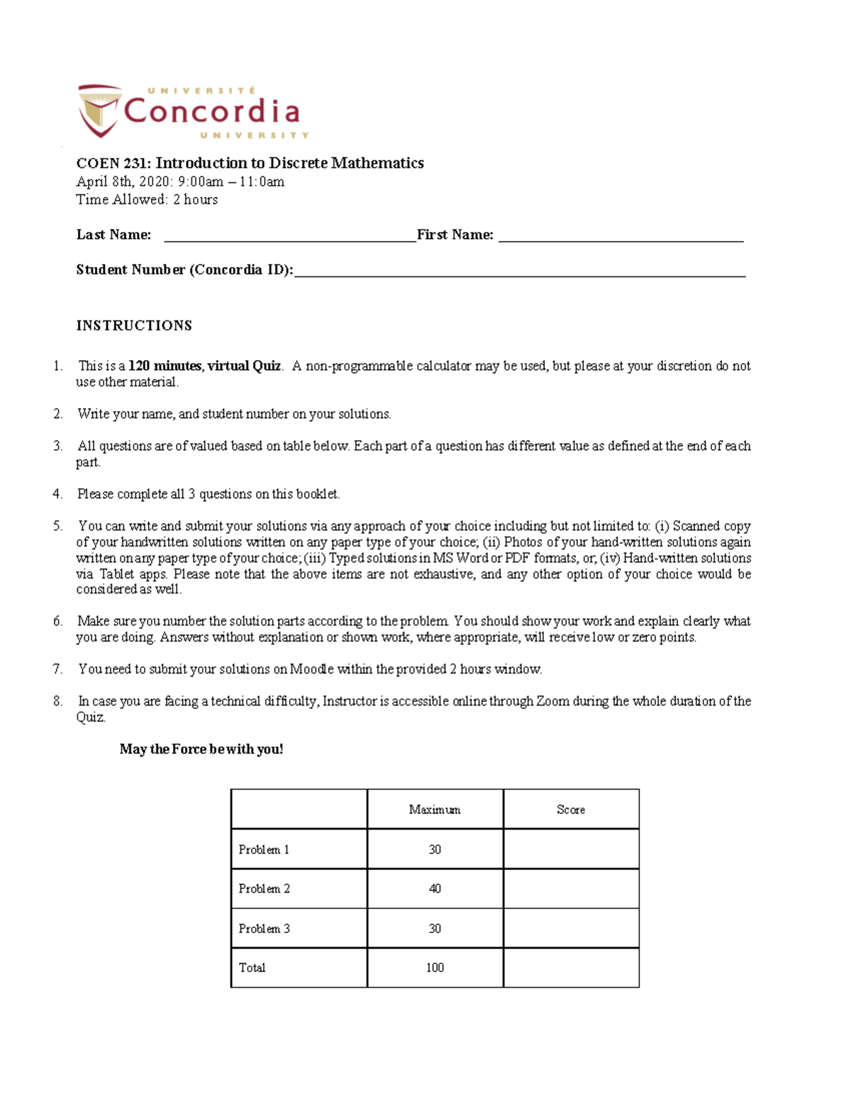 COEN 231: Introduction to Discrete Mathematics Quiz - Studocu