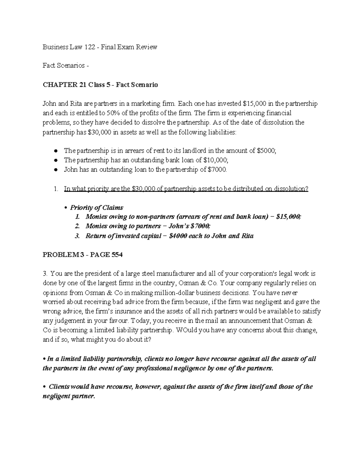 Business Law 122 - Final Exam Review - Fact Scenarios + Answers ...