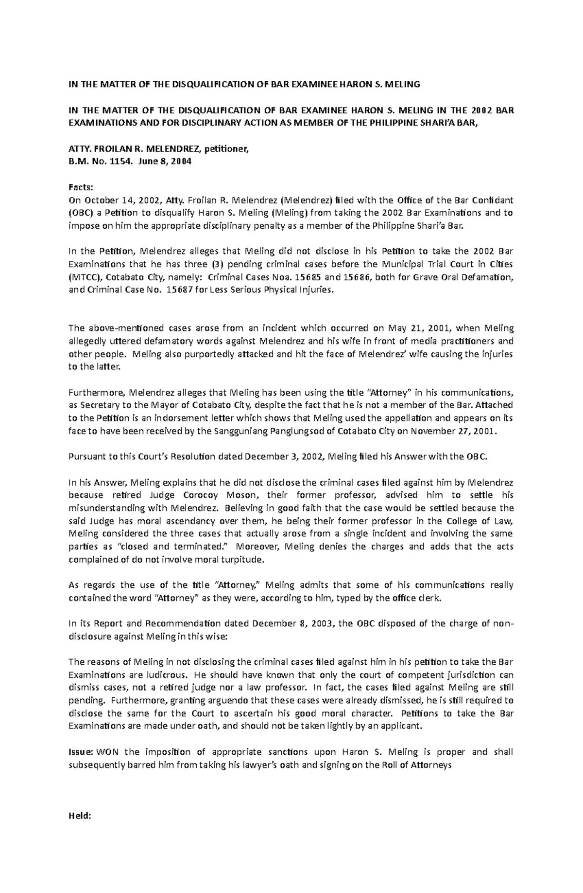 ITM Haron S Maling CD - IN THE MATTER OF THE DISQUALIFICATION OF BAR ...