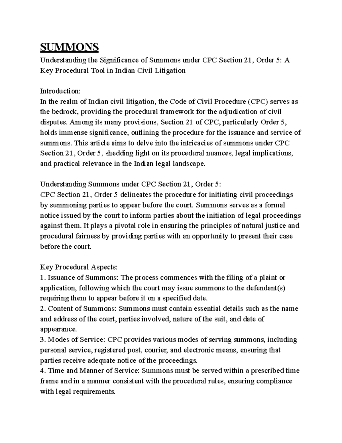 CPC Notes Studocu summons - SUMMONS Understanding the Significance of ...