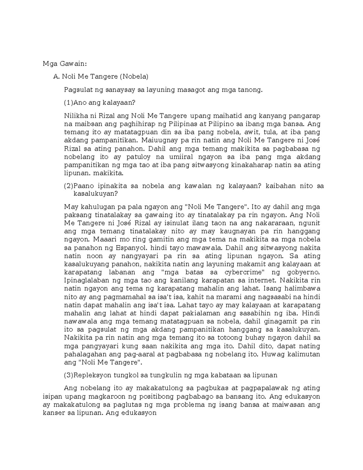 2 pinal na Awtput hinggil sa mga Sinulat ni Rizal - Mga Gawain: A. Noli ...