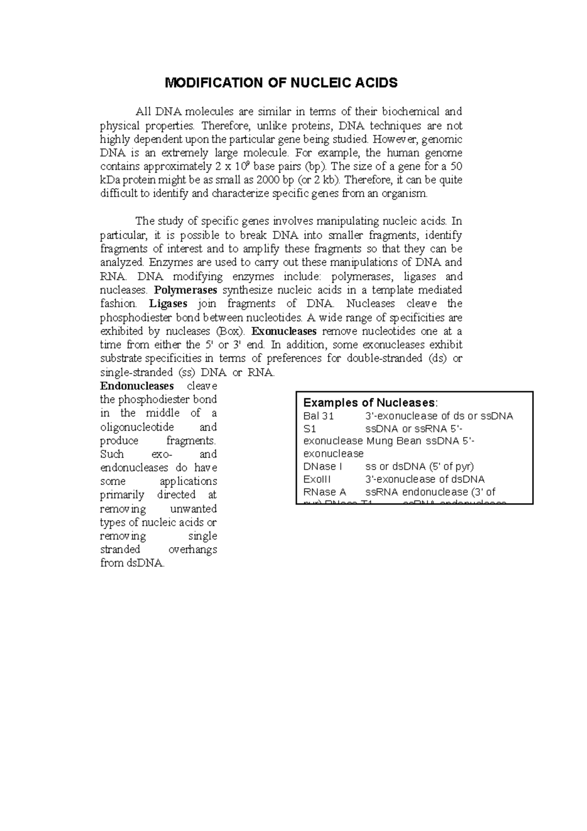 Modification OF Nucleic Acids - MODIFICATION OF NUCLEIC ACIDS All DNA ...