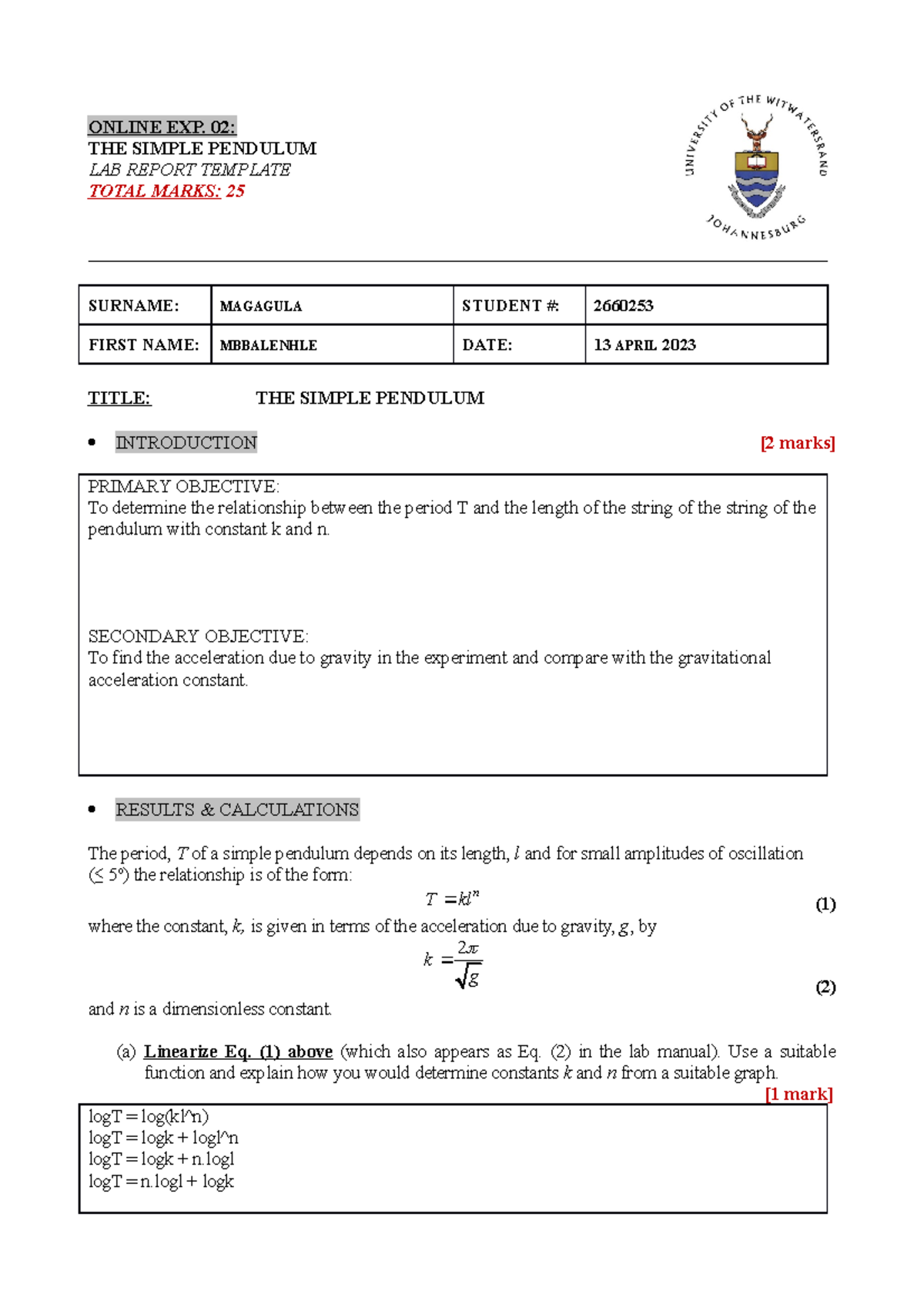Lab Practical 1 - ONLINE EXP. 02: THE SIMPLE PENDULUM LAB REPORT ...
