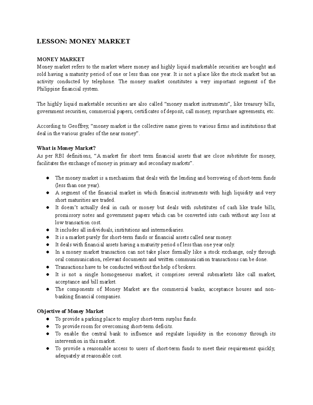 Money-Market - Money Market - LESSON: MONEY MARKET MONEY MARKET Money ...