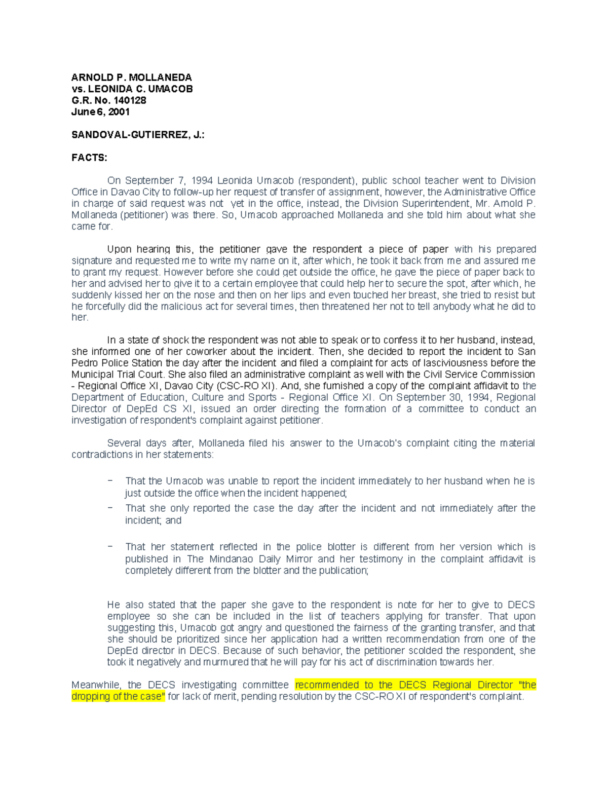 Case Digest Draft - ARNOLD P. MOLLANEDA vs. LEONIDA C. UMACOB G. No ...