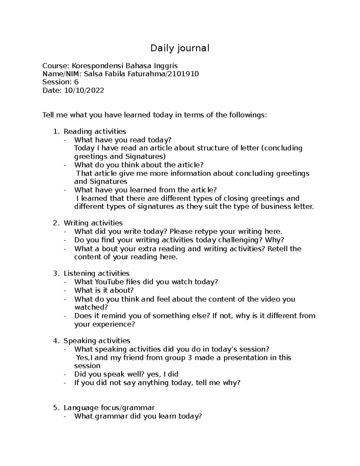 Daily journal at English Course to reflect student's understanding ...