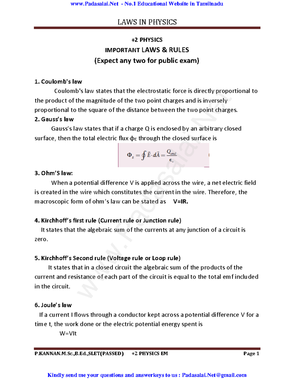 12th Physics EM Important Laws English Medium PDF Download - LAWS IN PHYSICS - Studocu