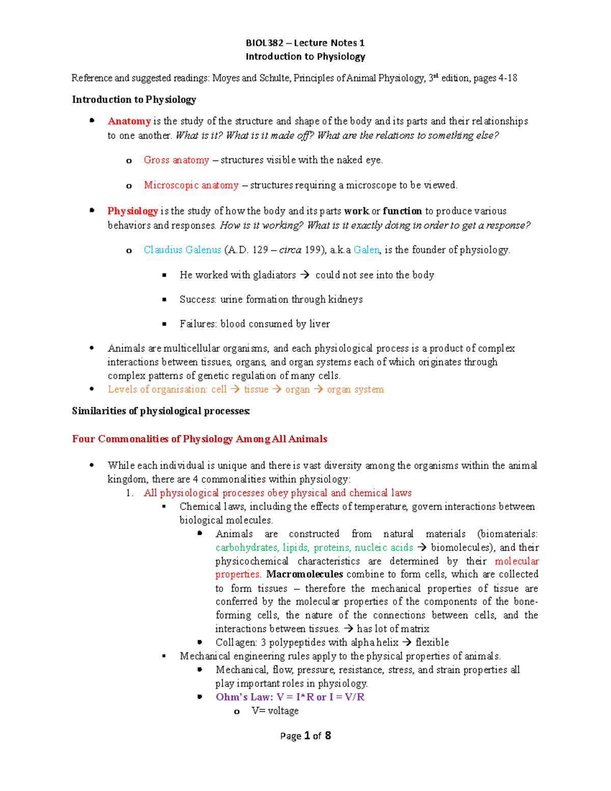 1 - 382 - Lecture notes - Introduction to Physiology Reference and ...
