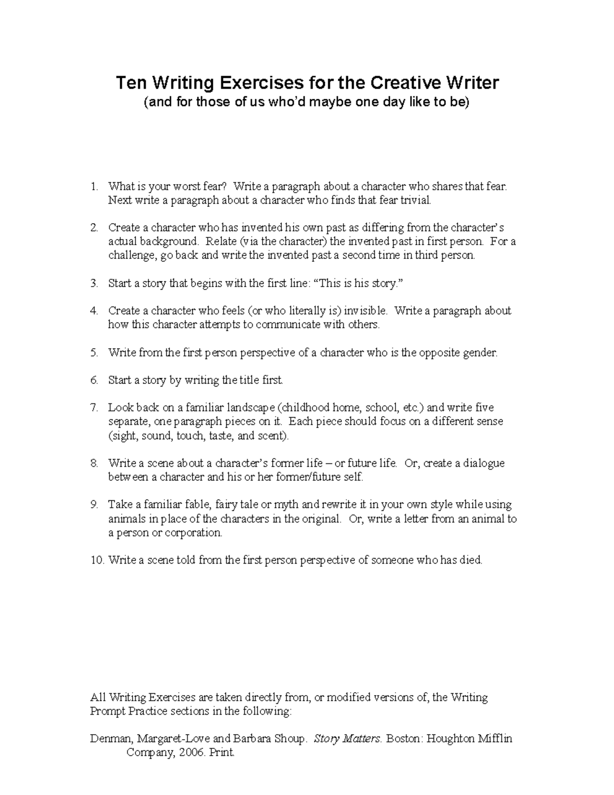 Creative Writer writing Stories Activity Pdf Ten Writing Exercises