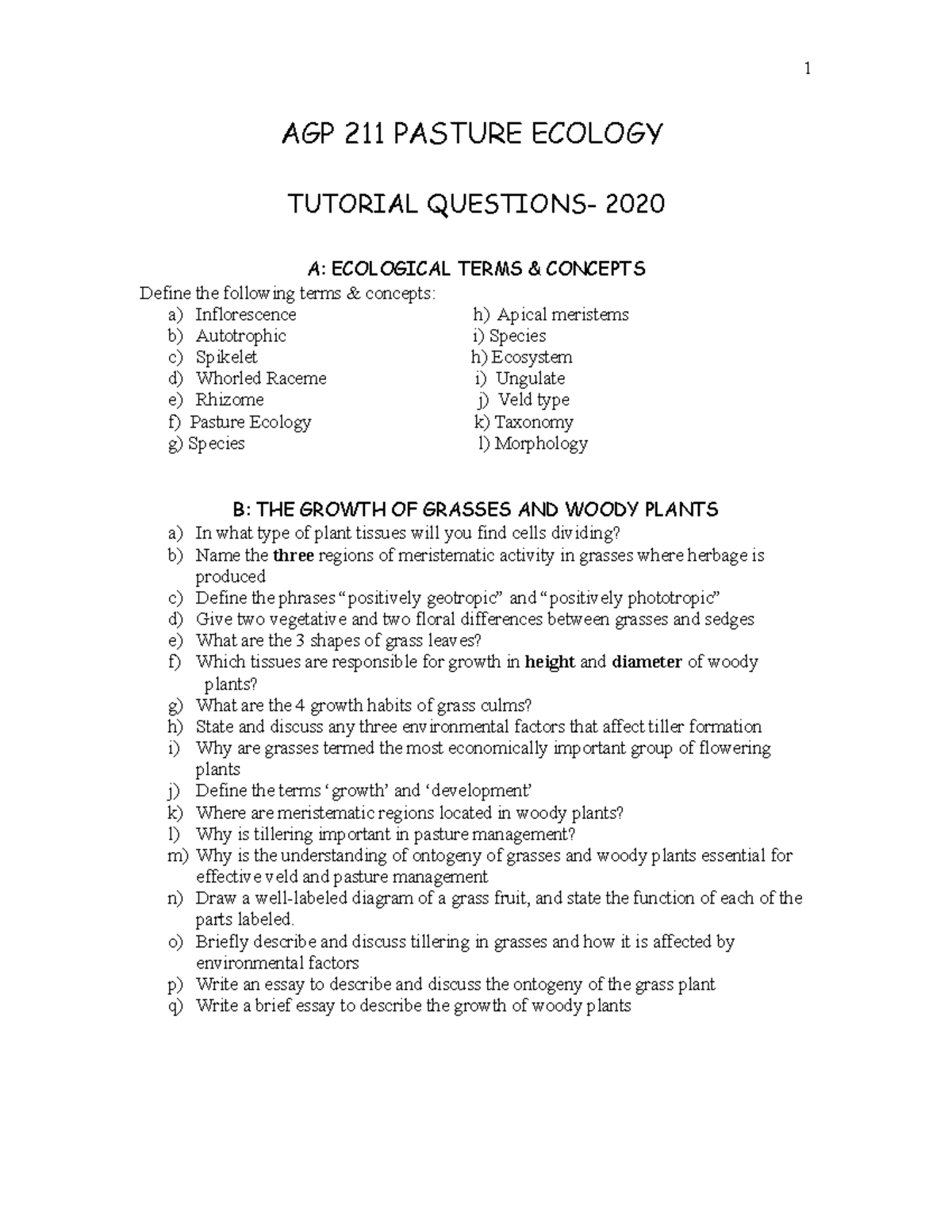 AGP 211 Tutorial Questions 2020 - AGP 211 PASTURE ECOLOGY TUTORIAL ...