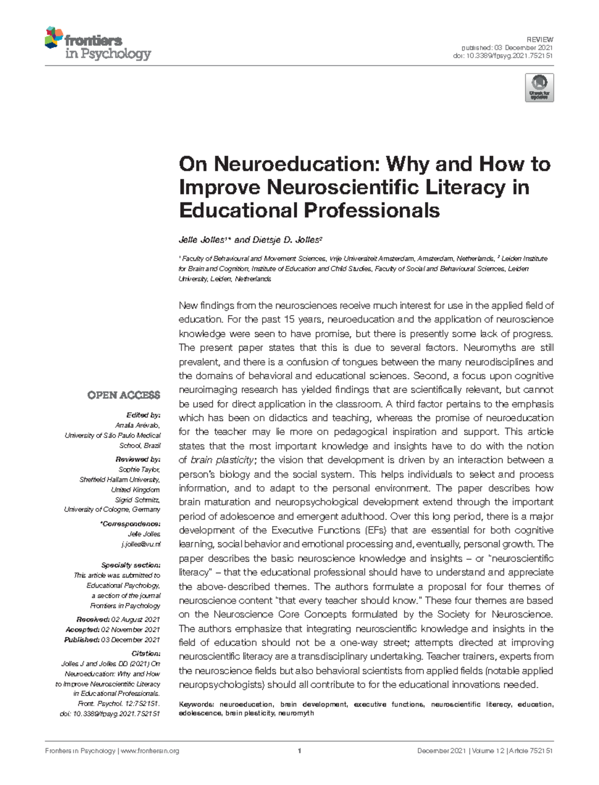 Neuroeducation literacy - REVIEW published: 03 December 2021 doi: 10. ...