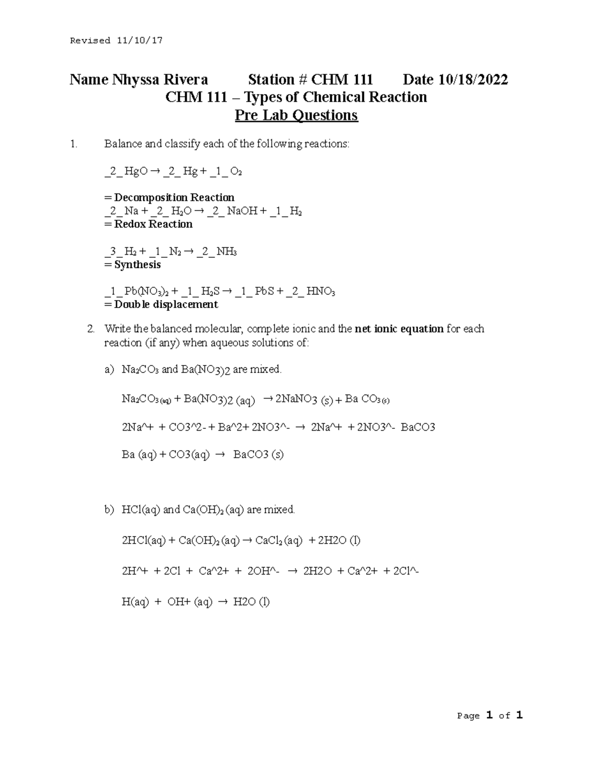 Week 7 Exp 5 Pre-lab - Types of Chemical Reactions - Revised 11/10 ...