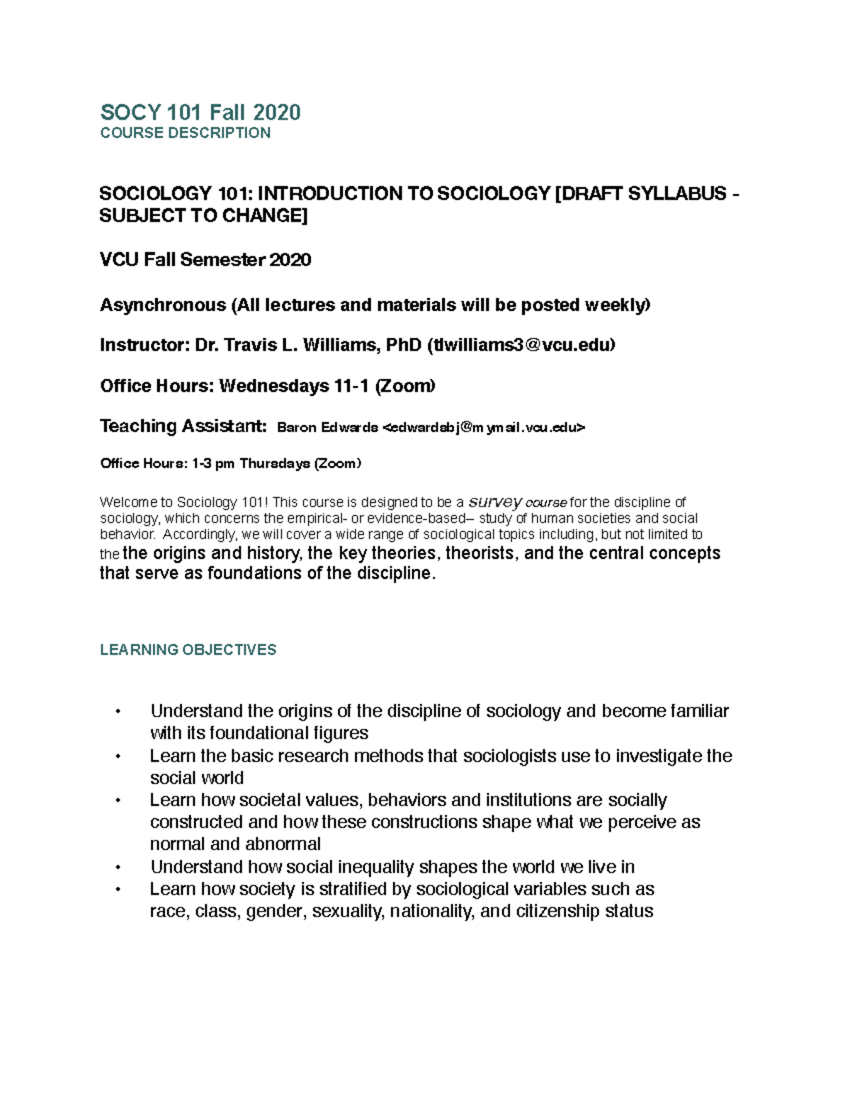 Sociology 101 Syllabus - Warning: TT: undefined function: 32 SOCY 101 Fall 2020 COURSE ...