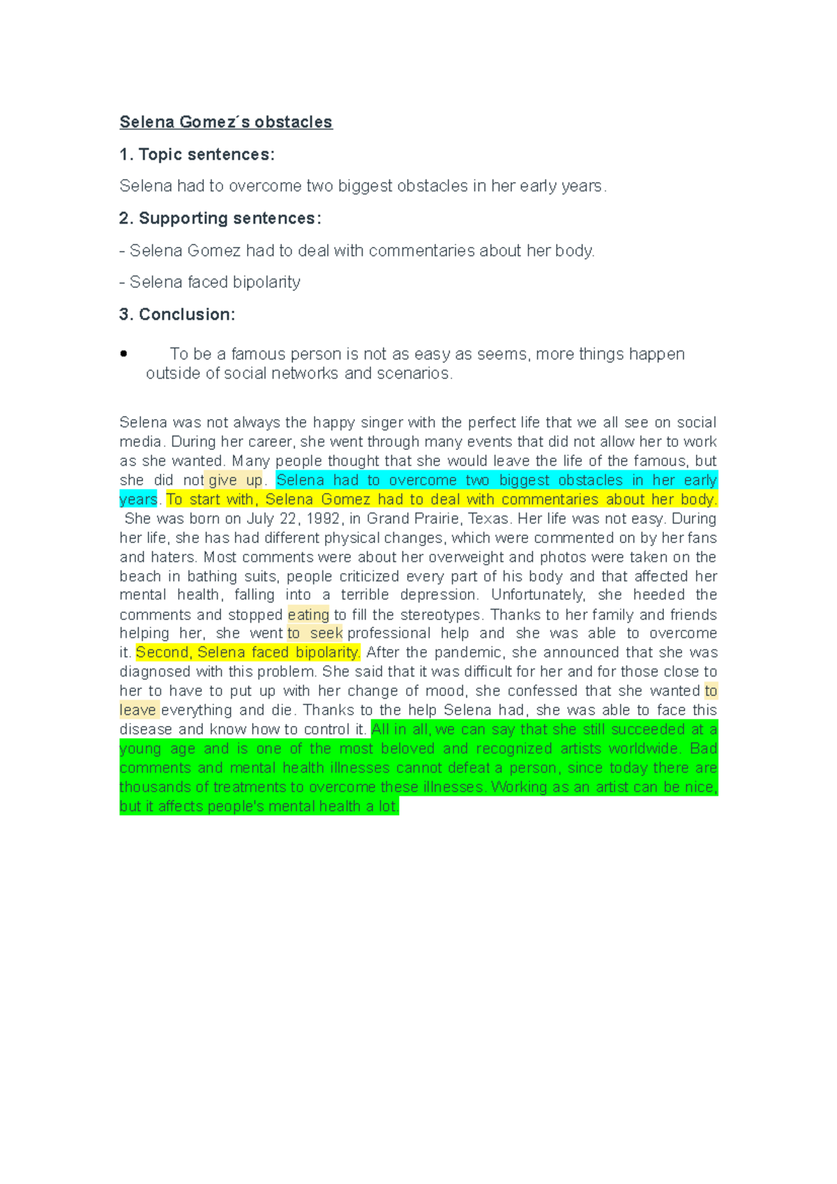 Writing 2 - Draft - ingles - Selena Gomez ́s obstacles 1. Topic ...