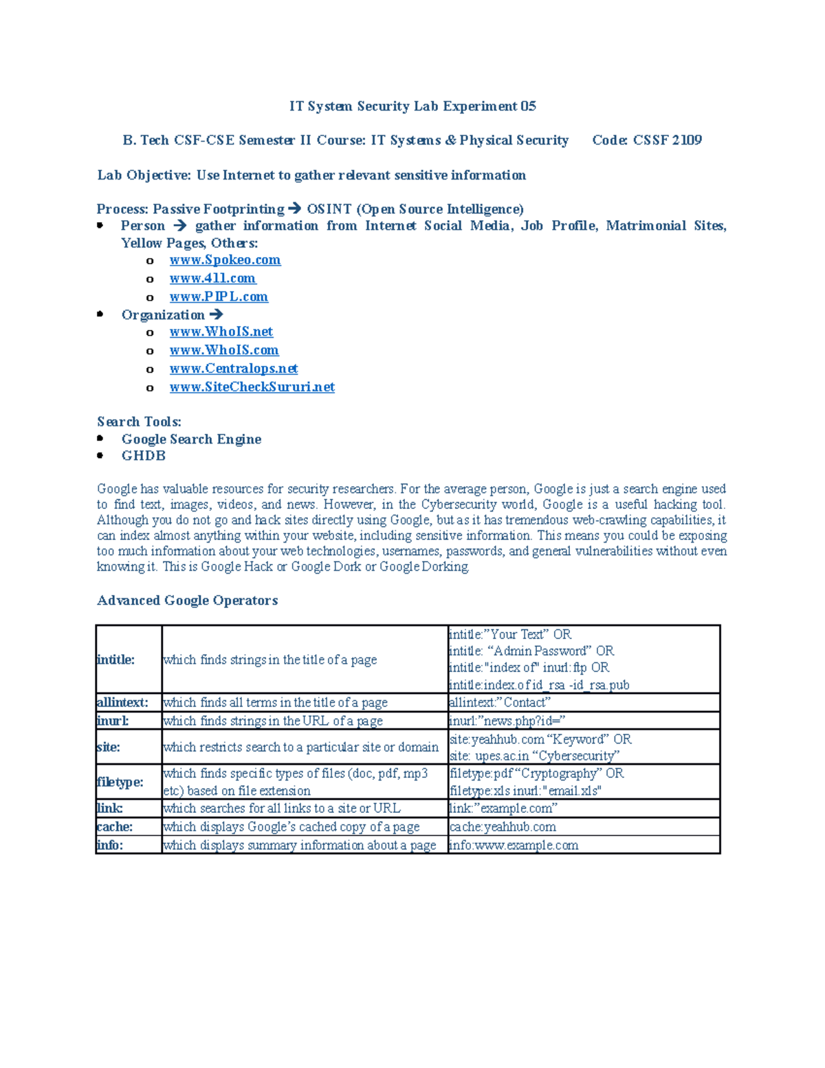 Lab Experiment #05 - Hack using Search Engines - IT System Security Lab Experiment 05 B. Tech ...