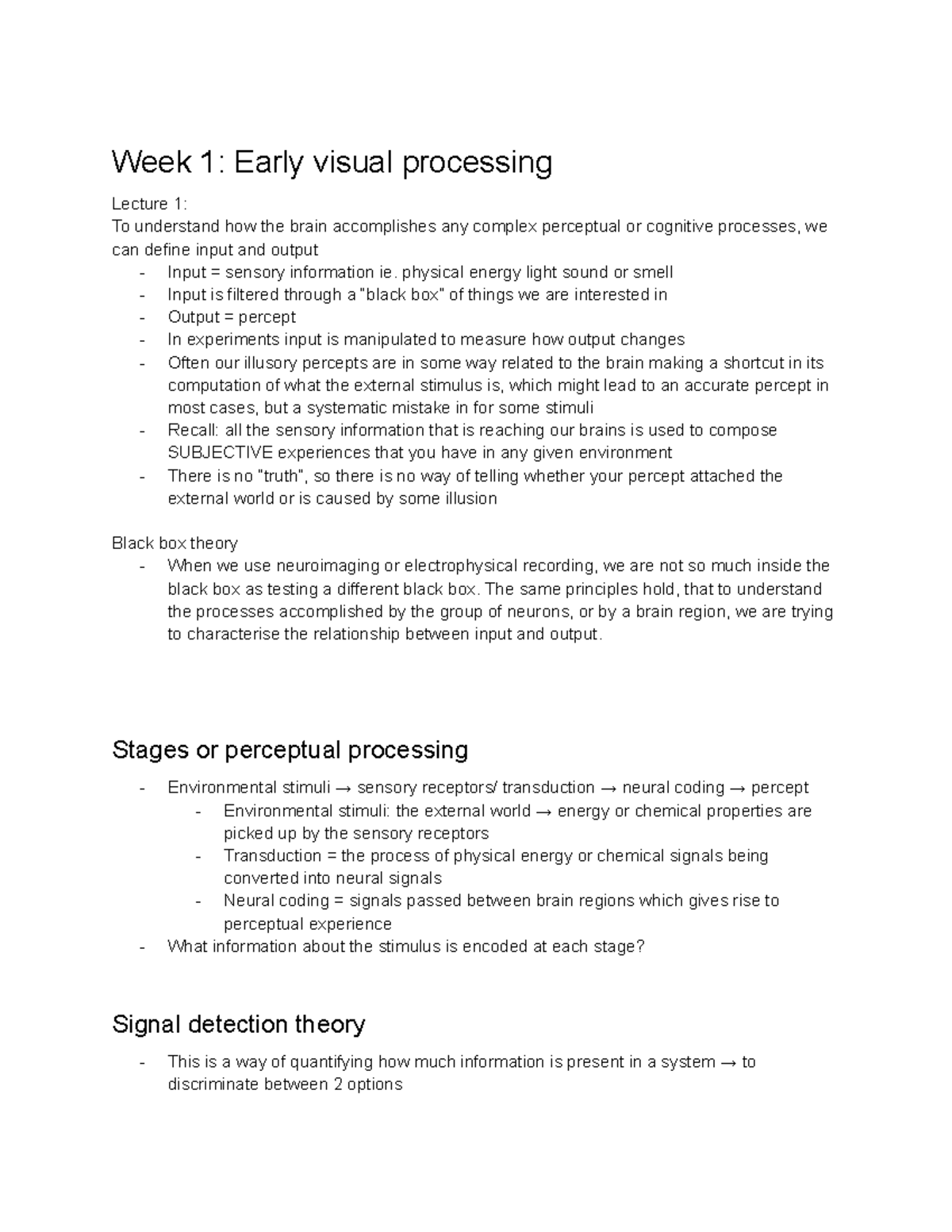 Psyc2071 - Notes Useful - Week 1: Early visual processing Lecture 1: To ...