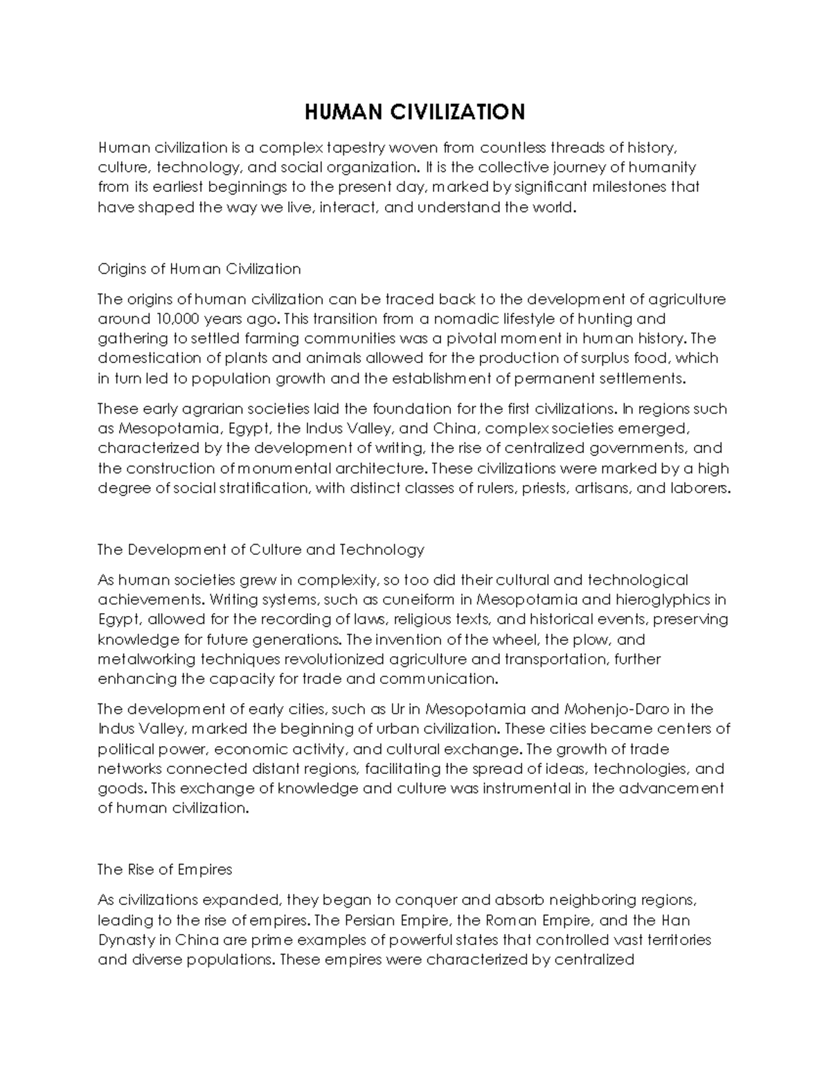 Human Civilization - HUMAN CIVILIZATION Human civilization is a complex ...