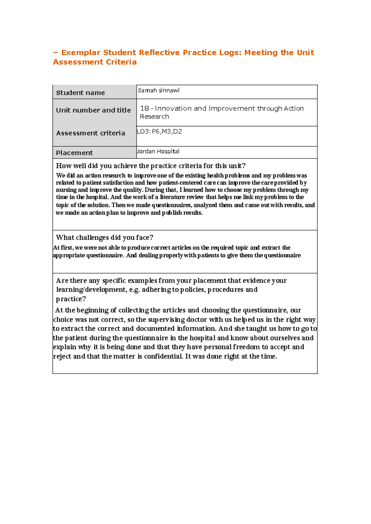 Exemplar Student Reflective Practice - During that, I learned how to ...