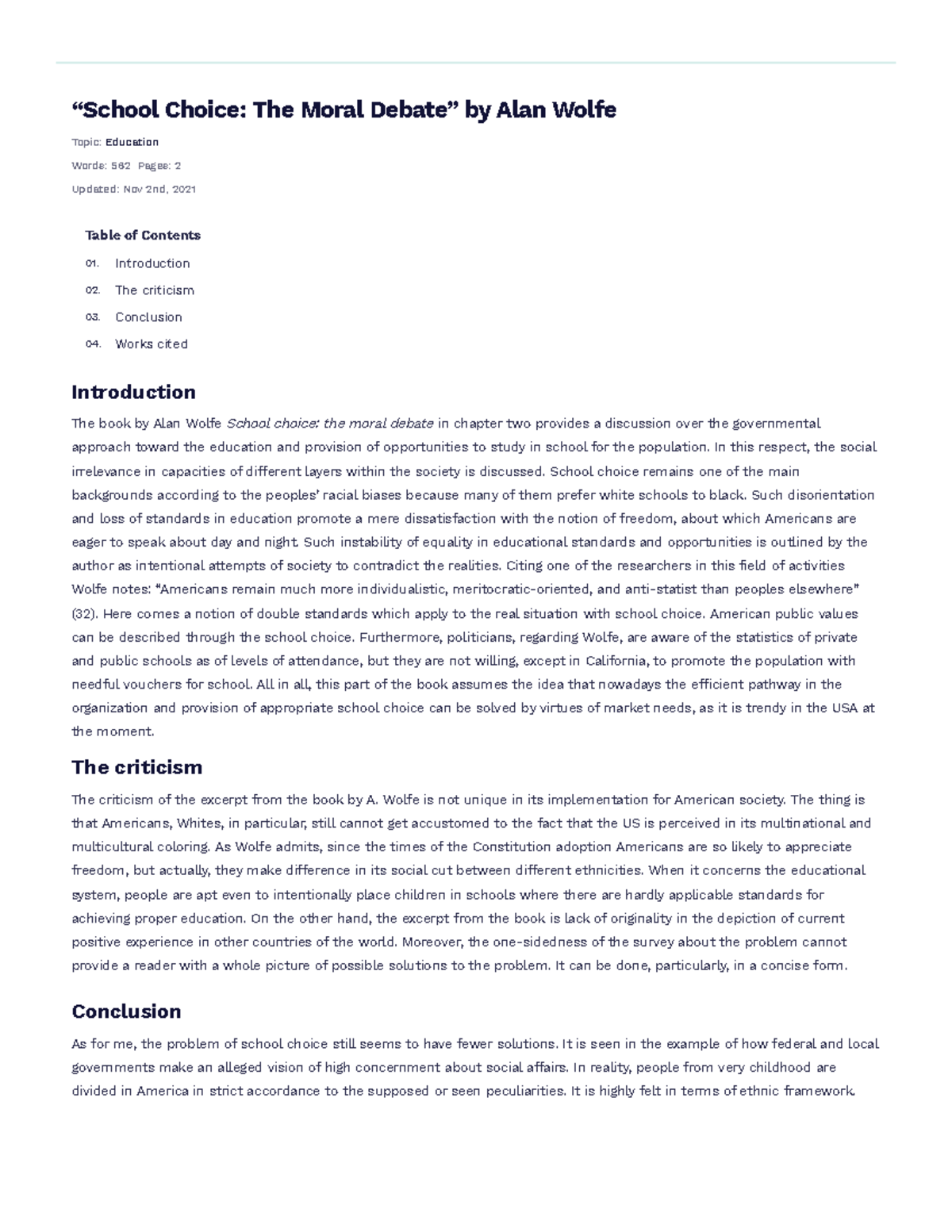 "School Choice- The Moral Debate" by Alan Wolfe Free Essay Example ...