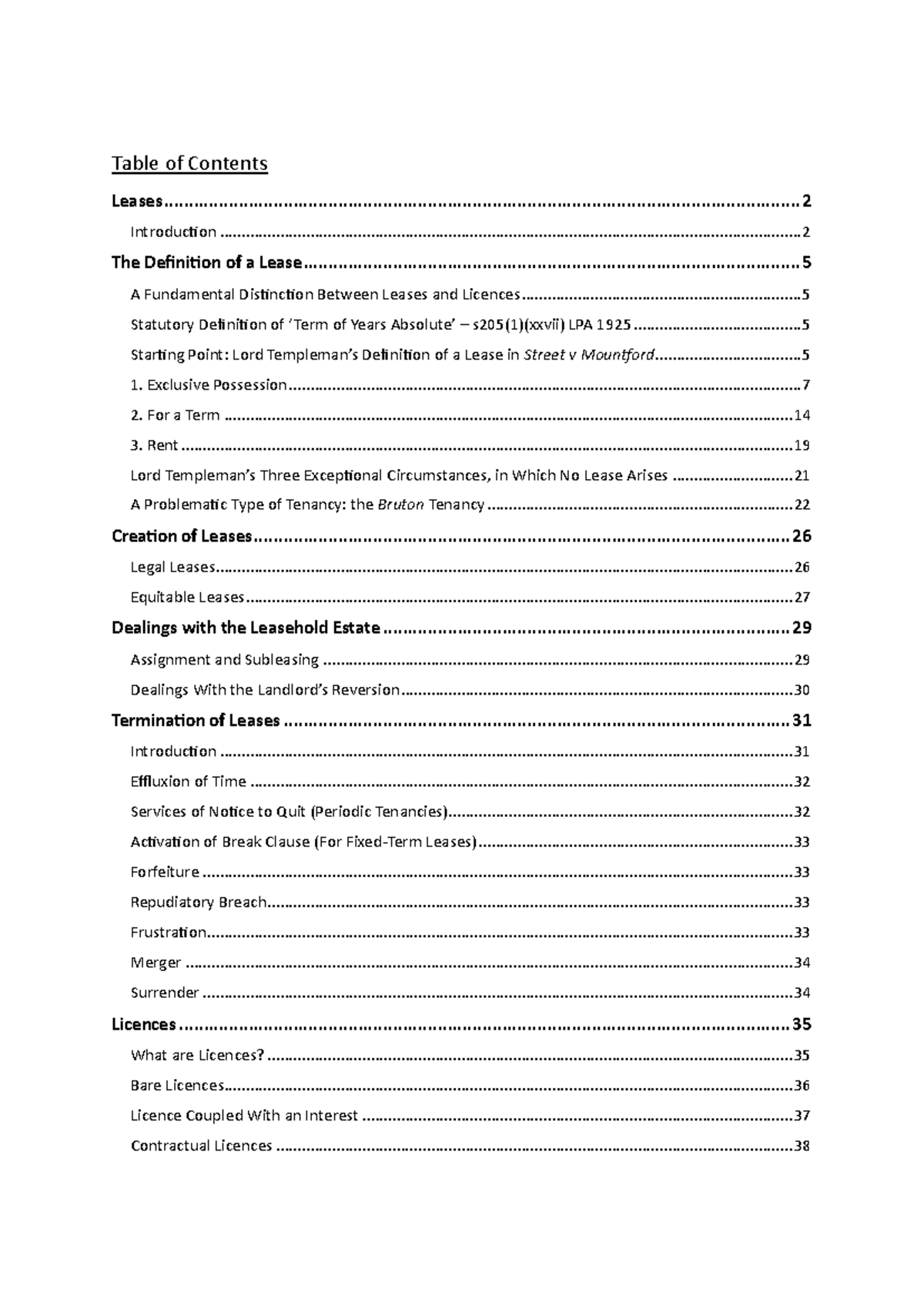Leases and Licences Summary - Table of Contents Leases Introduc)on The ...