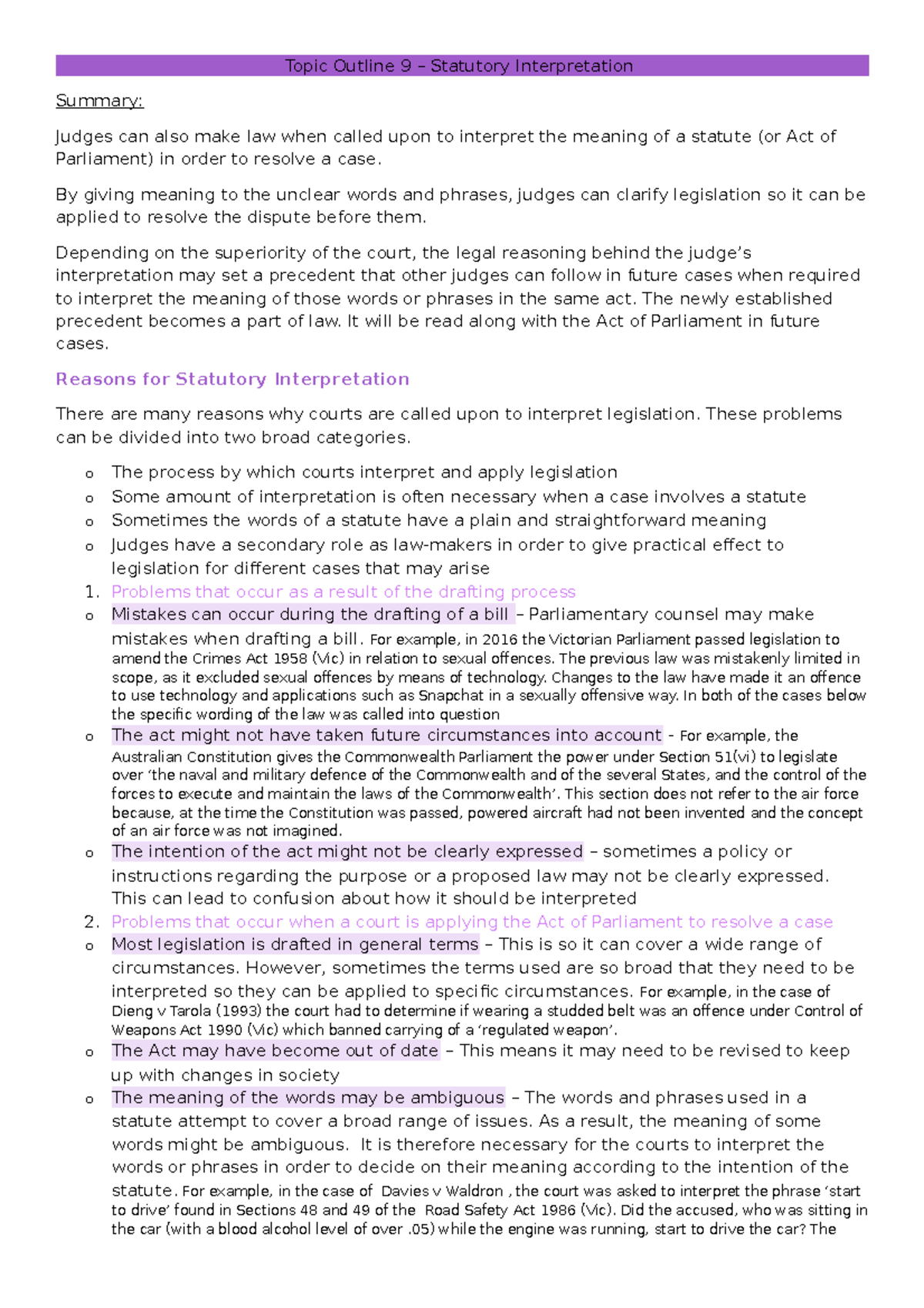 Topic Outline 9 for unit 4 - Topic Outline 9 – Statutory Interpretation ...