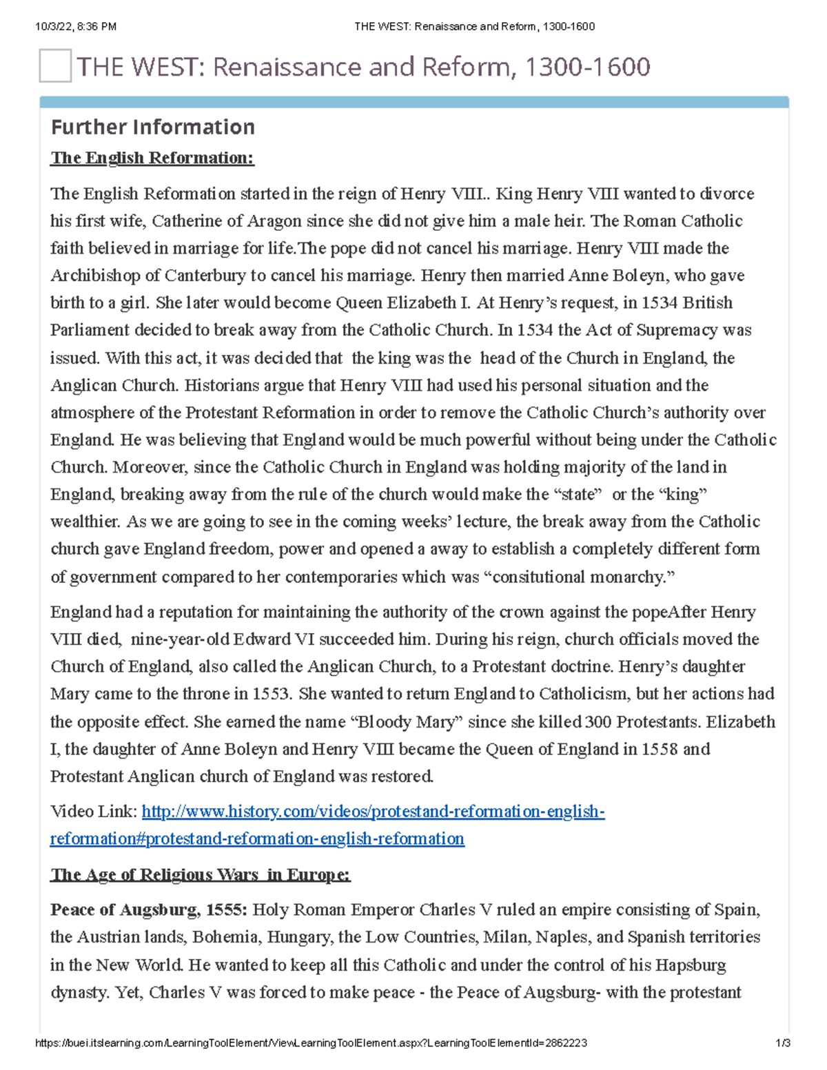 THE WEST Renaissance and Reform, 1300-1600 - 10/3/22, 8:36 PM THE WEST ...