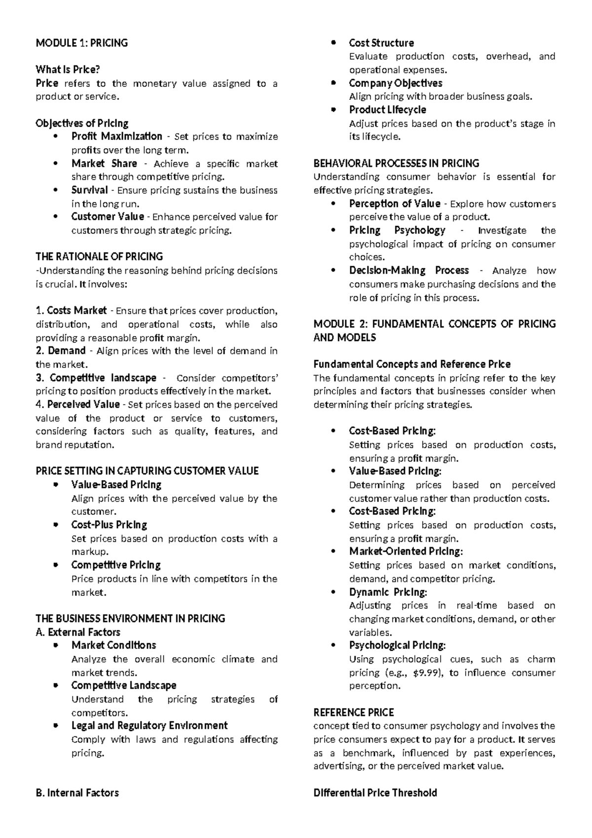 Pricing Models Midterm Reviewer - MODULE 1: PRICING What Is Price? Price refers to the monetary ...