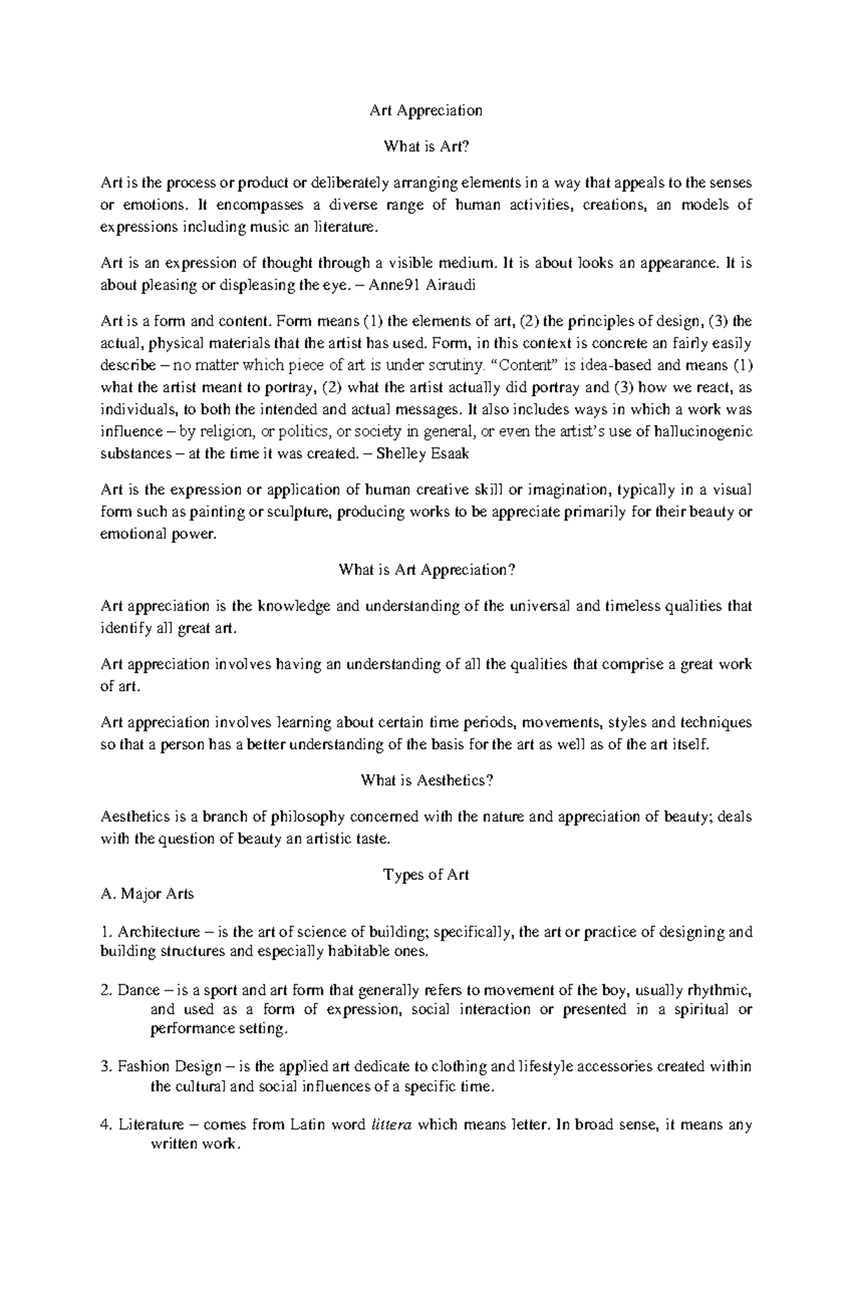 Pdfcoffee Lecture Notes 1 2 3 4 Art Appreciation What Is Art Art
