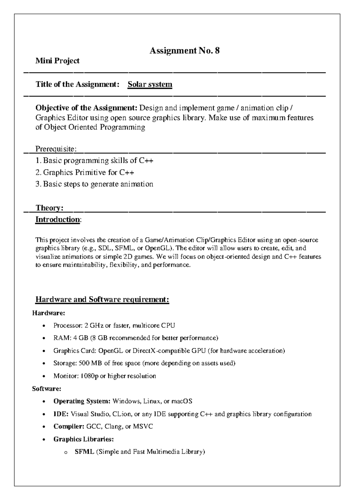 Exp8(mini Project).docx - Assignment No. 8 Mini Project Title of the Assignment: Solar system ...