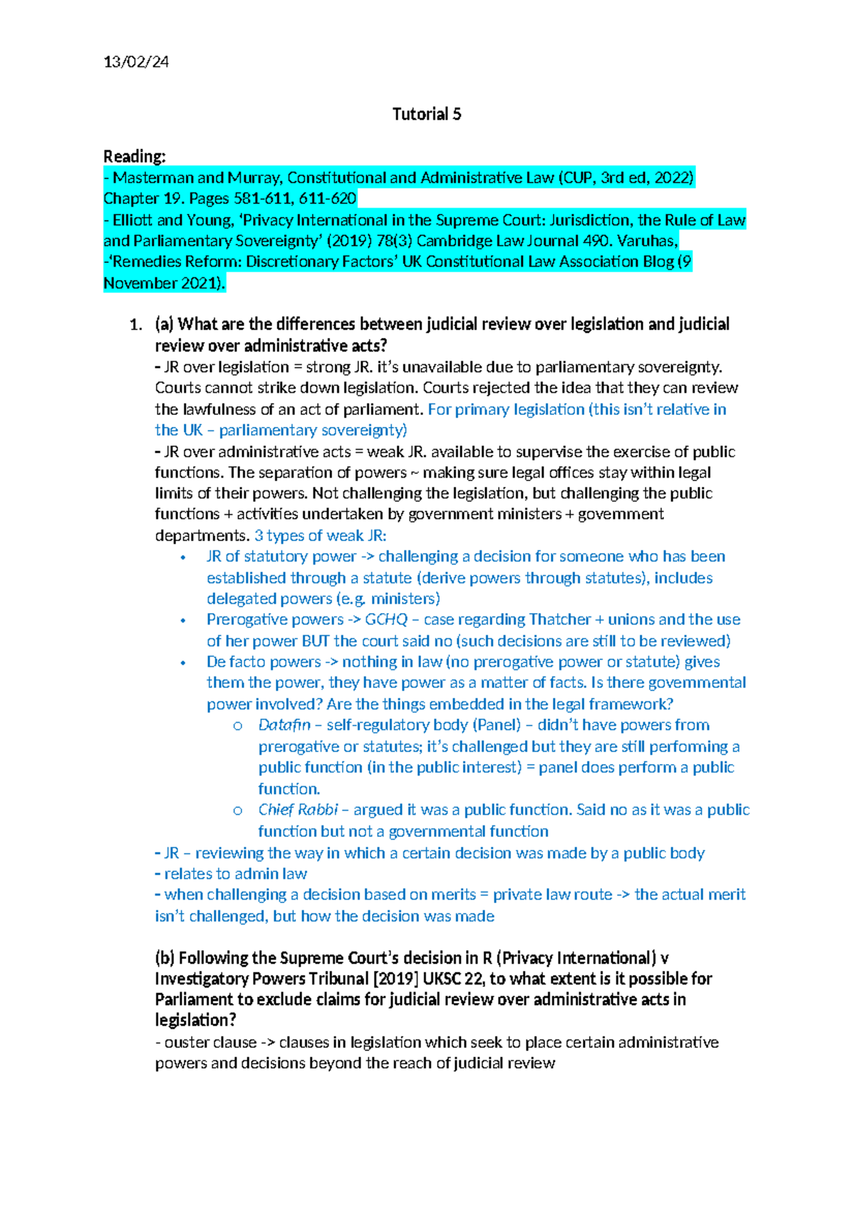 Public Law Tutorial 5 - Tutorial 5 Reading: Masterman and Murray ...