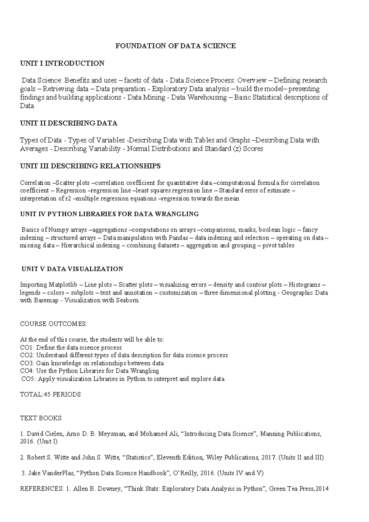 CS3352 Foundations OF DATA Science - FOUNDATION OF DATA SCIENCE UNIT I INTRODUCTION Data Science ...