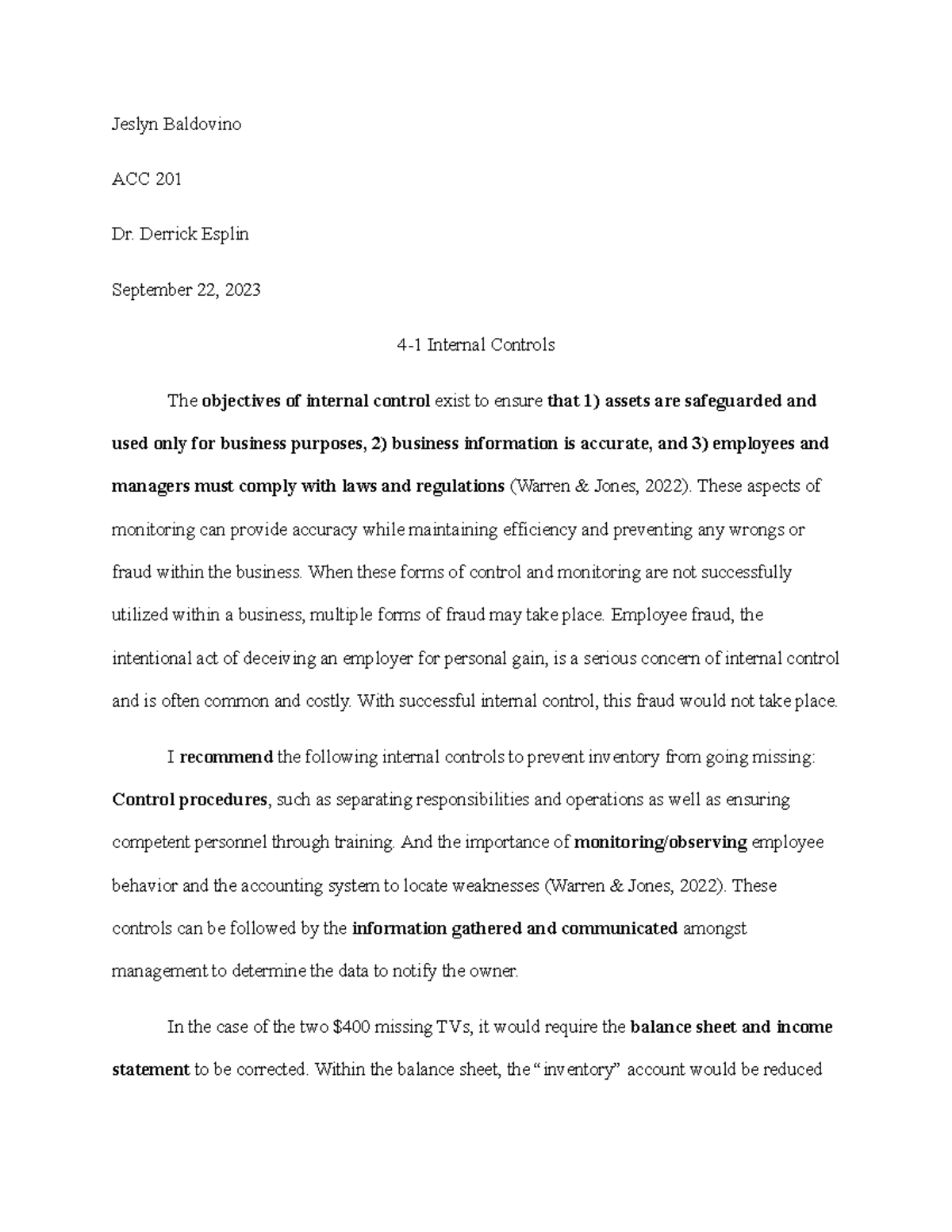 ACC 4-1 - Module 4, assignment 1 of ACC 201 - Jeslyn Baldovino ACC 201 ...