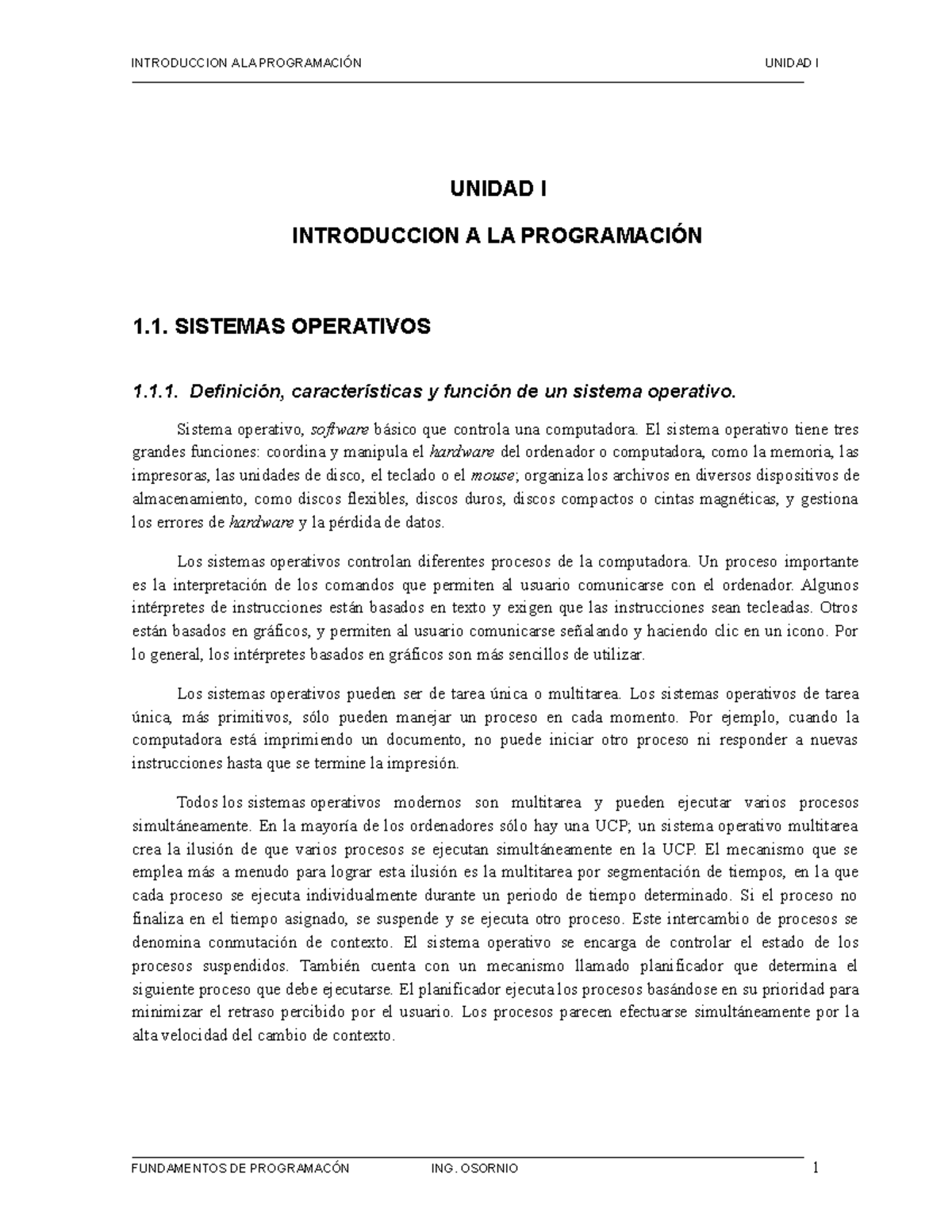 Apuntes, tema 1 - Ing. osorio introducción la programación - UNIDAD I ...