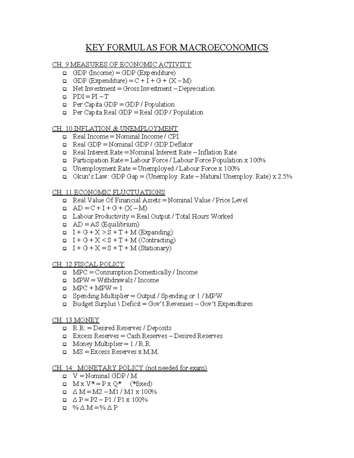 Economics For Business Formula Sheet KEY FORMULAS FOR MACROECONOMICS