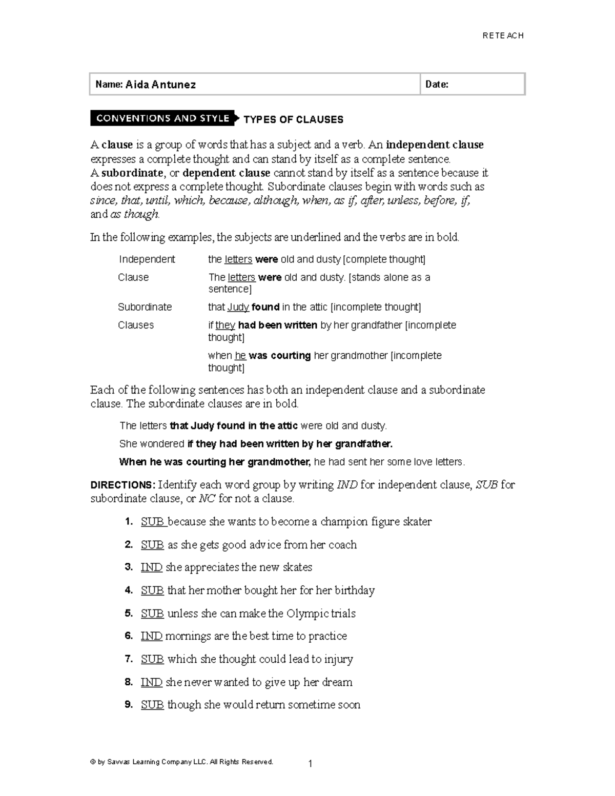English clauses - tarea - RETEACH Name: Aida Antunez Date: TYPES OF ...