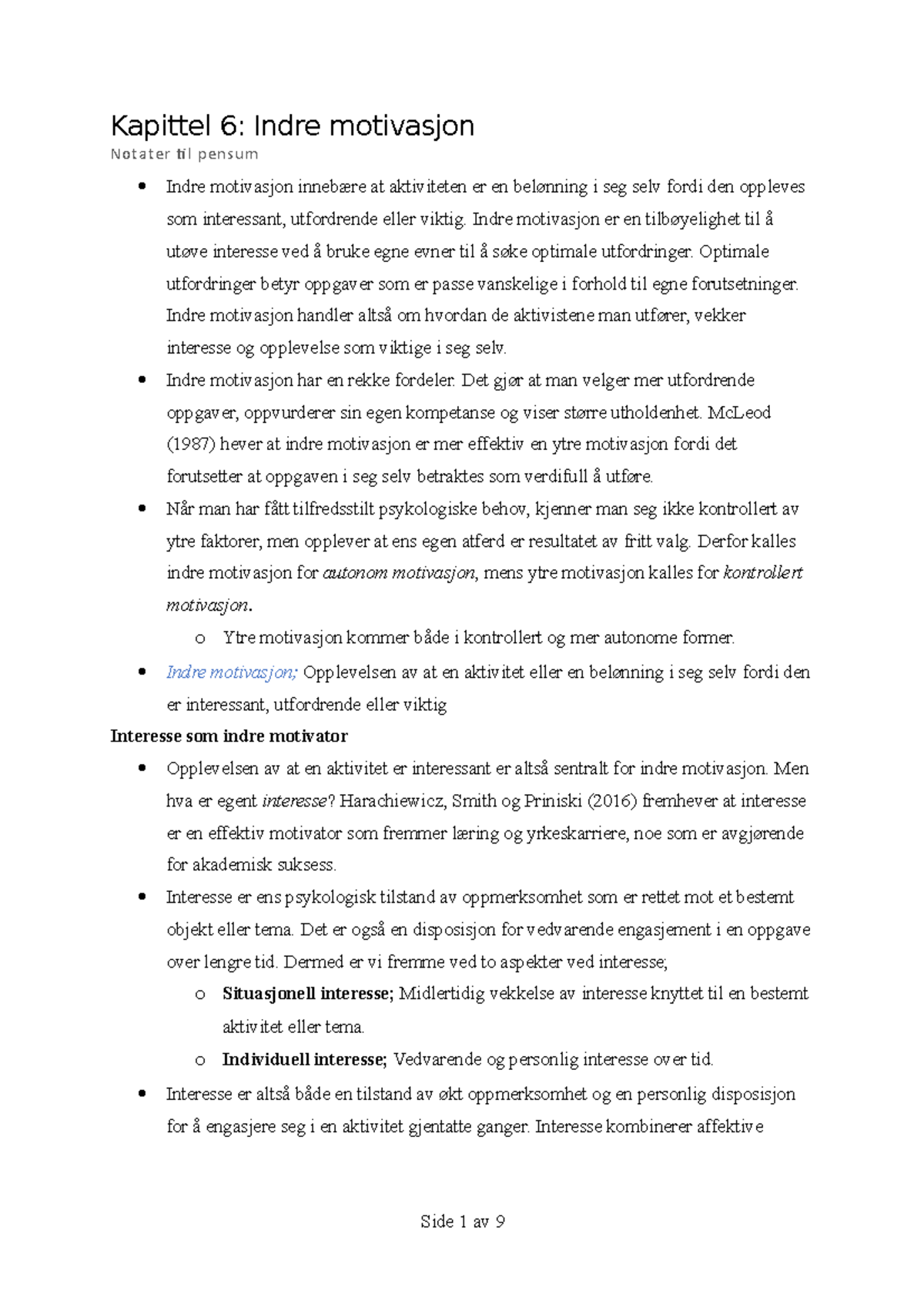 Kapittel 6: Indre motivasjon - PSYK109 - UiB - Studocu